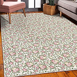 Lunarable Flower Decorative Area Rug, Roses Rosebuds Leaves Bouquet Flower Arrangements Bridal Victorian Style, Quality Carpet for Bedroom Dorm Living Room, 4' X 5' 5", White Pink Green