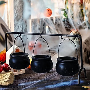 3pcs Black Plastic Witches Cauldron Serving Bowls on Rack, Halloween Party Decotations, Halloween Decor Candy Bucket Cauldron for Outdoor and Indoor Home Kitchen Halloween Decoration