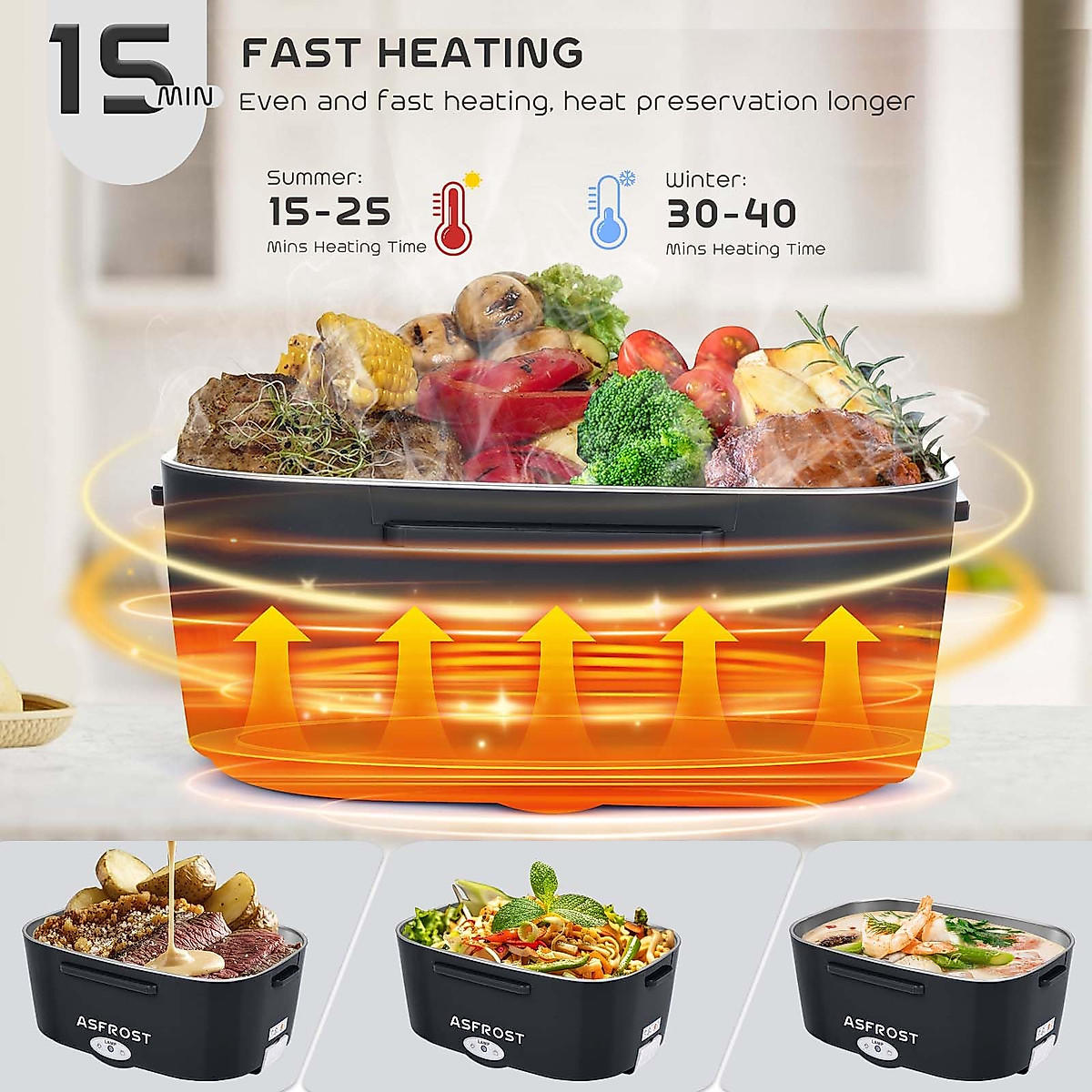 Electric Lunch Box Food Heater for Car Home Work, 12V 24V 110V 60W Faster Portable Food Warmer Heated Lunch Box for Adults, Removable 304 Stainless Steel Container 1.5L, Leak Proof, SS Fork & Spoon