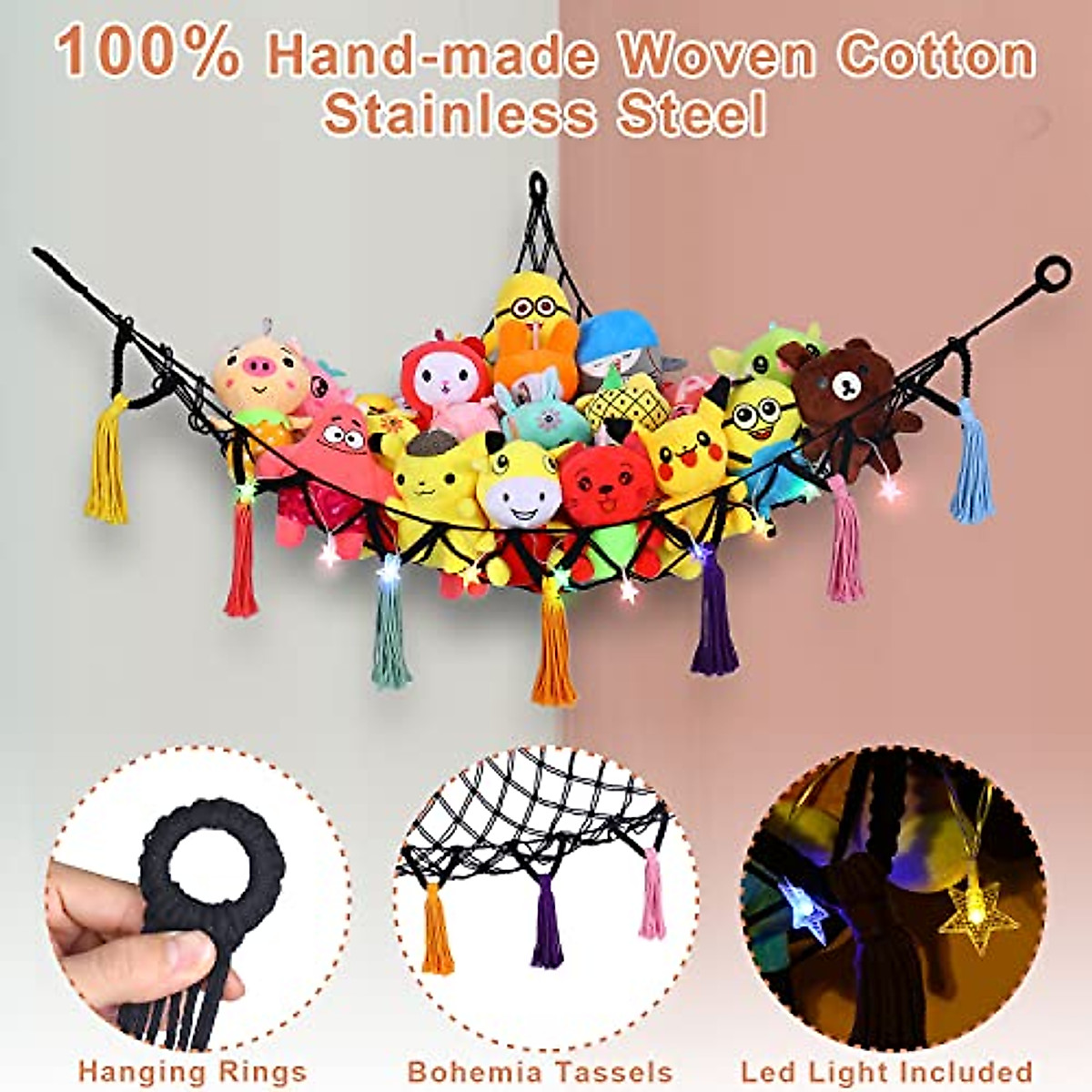 KanYool Stuffed Animal Net or Hammock, Boho Net Hammock for Stuffed Animals with Led Lights Wall Corner Storage Hanging Plush Toy Net with Tassels Teddy Bear Net Black