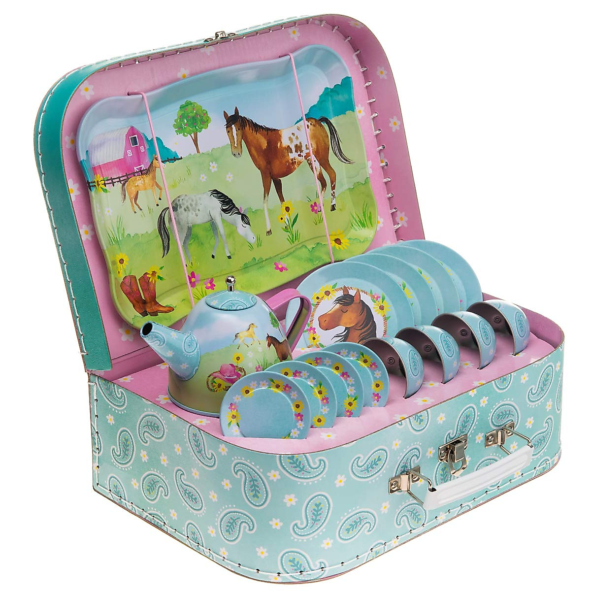 Jewelkeeper Toddler Toys Tea Set for Little Girls - 15 Pcs Tin Tea Set for Kids Tea Time Includes Teapot, 4 Tea Cup and Saucers Set and 4 Snack Plates , Horse Tea Party Set with Carrying Case