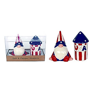Uncle Sam Stars & Stripes Gnome 4.25 inch Dolomite Stoneware Salt & Pepper Shaker Boxed Set