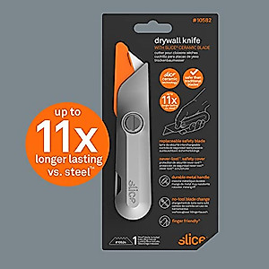 Slice 10582, Drywall Knife, Ergonomic Aluminum Handle for Easier Cuts, Attached Safety Cap, Finger Friendly Ceramic Blades, Lasts 11x As Long as Metal