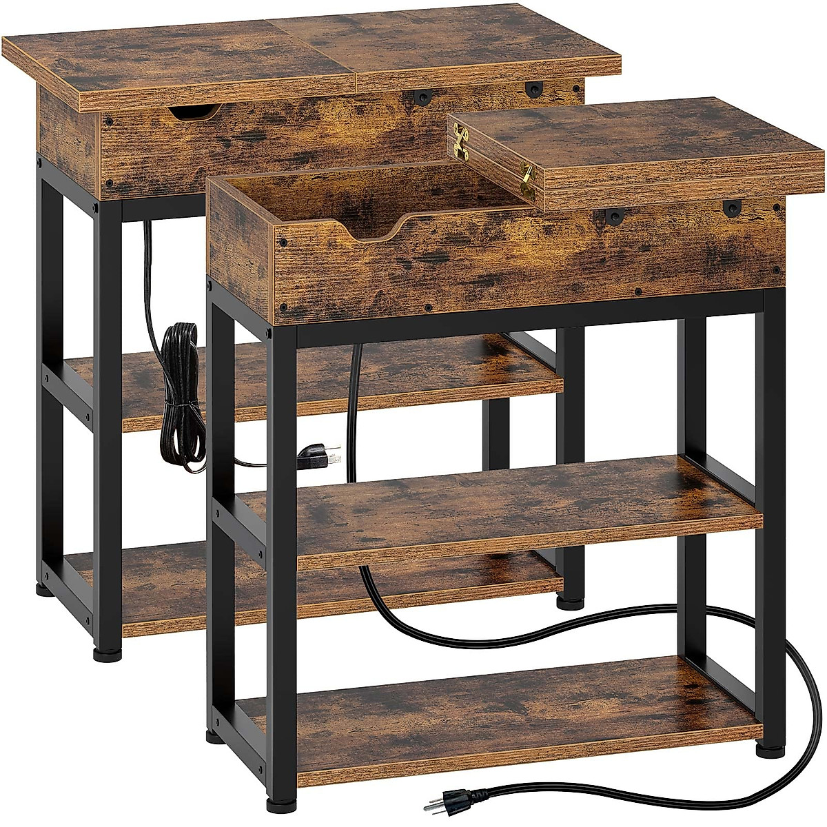 Rolanstar End Table with Charging Station, Narrow Nightstand, Flip Top Side Table with USB Ports and Storage Shelves for Small Spaces, Living Room, Bedroom, Black