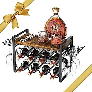 JAFUSI Wine Rack with Glass Holder, Countertop Wine Rack Metal Frame, Wine Holder Stand with Wooden Tray, Bottles Rack for Home Decor Kitchen Storage (Hold 8 Bottles and 4~6 Glasses)