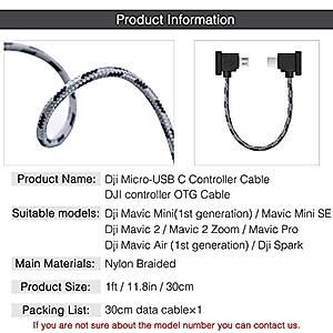 1FT Micro to USB C Remote Controller Cable for DJI Mavic Mini,Mini SE,Mavic 2 Pro/Zoom,Mavic Air,Mavic Pro, Spark, DJI Drone to Phone/Tablet Cable 90 Degree OTG Data Cord Accessories (USB C Connector)