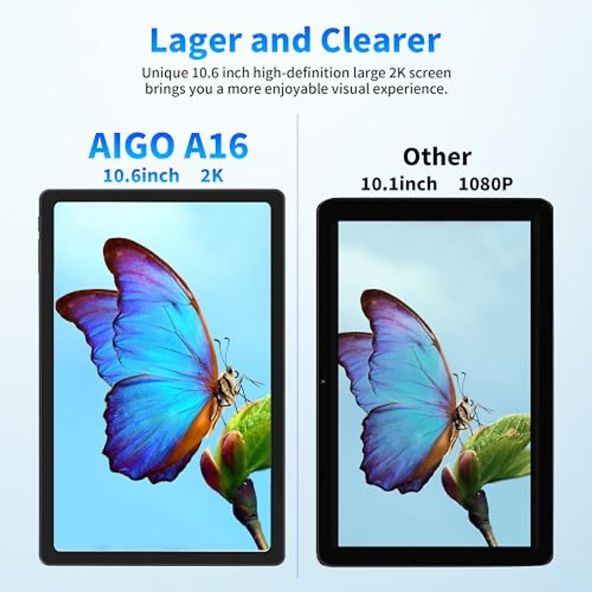 aigo 10.6 Inch Big Android Tablet 2K Tablet 8GB(4+4) + 128GB, Octa-Core Android 13 Gaming Tablet, 6000mAh Long Batterie, GPS, Dual WiFi - A16