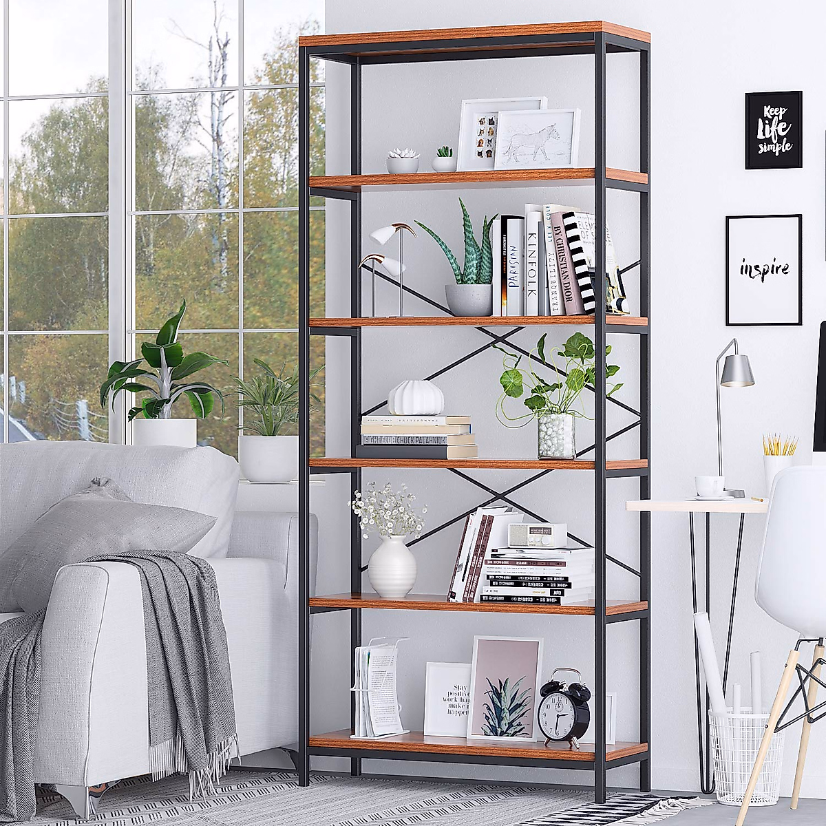 BATHWA Bookshelf, 6-Tier Industrial Bookshelves, Wood and Metal Bookcase, Free Standing Storage Vintage Bookshelf for Living Room, Bedroom and Home Office, Rustic Brown