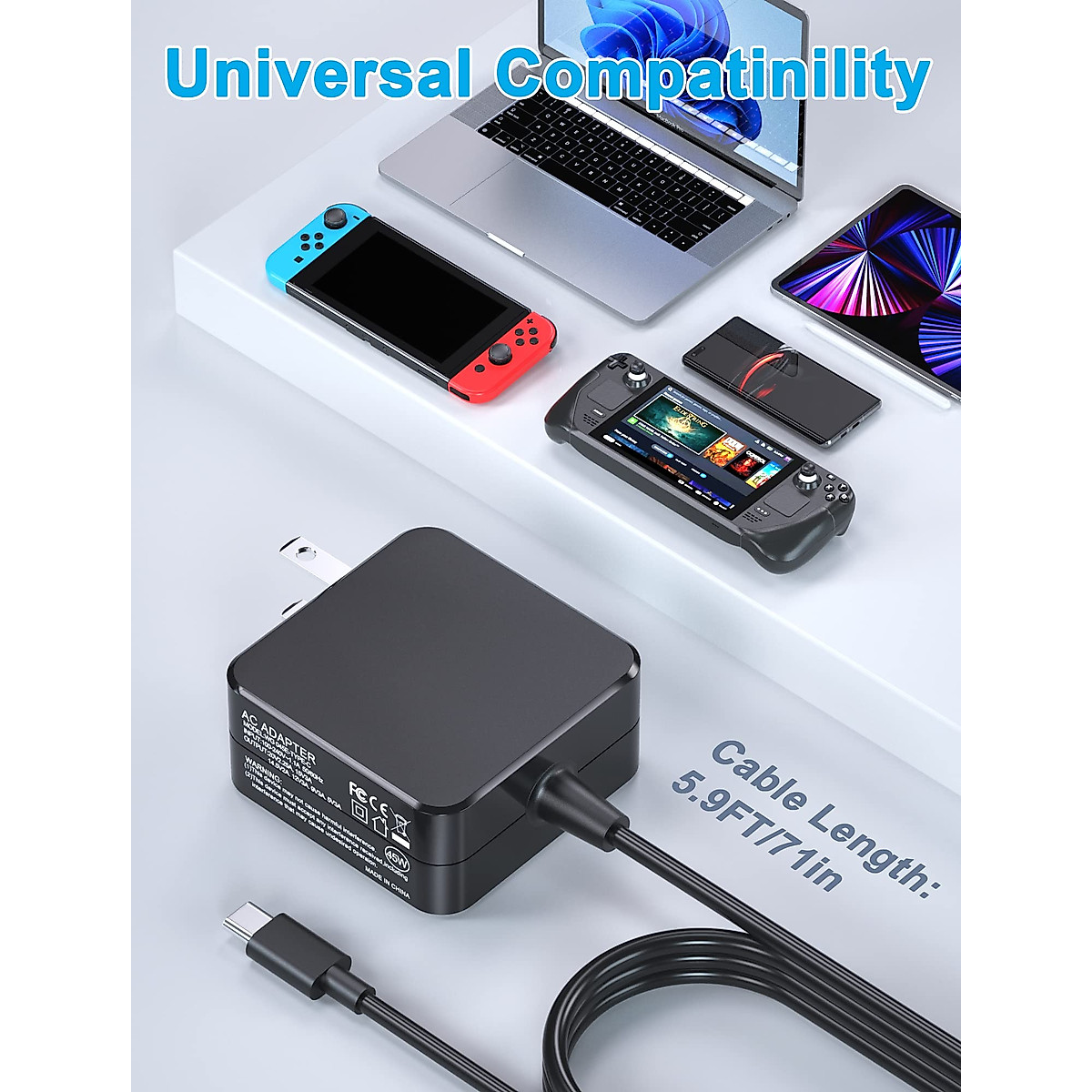 Feirsh 45W Charger for Steam Deck and Switch, AC Adapter Steam Charger Fast USB-C Steam Power Adapter for Nintendo Switch/Lite/OLED/Xbox Controller/Phone with 5.9FT USB Type C Cable