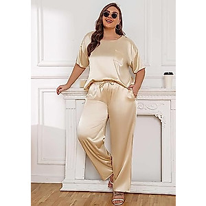 Ekouaer Women Plus Size Pajamas Silk Satin Pajama Pants Set Pjs for Women Satin Loungewear Sleepwear Lounge Set Champagne 18W
