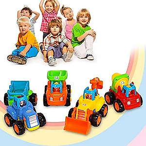Friction Powered Cars, Push and Go Toy Trucks Construction Vehicles Toys Set for 1 2 3 Year Old Baby Toddlers Beach Dump Truck, Cement Mixer, Bulldozer, Tractor, Early Educational Gifts, A Set of 4