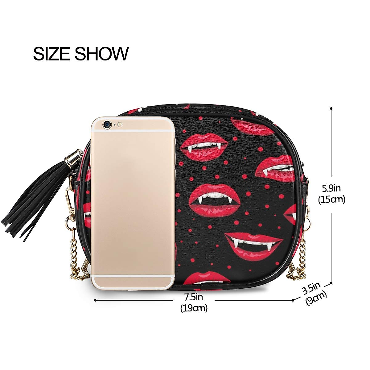 ALAZA Women's Seamless Halloween Pattern with Red Vampire Lips48 Cross Body Bag Chain Shoulder Handbag Purse with Tassel