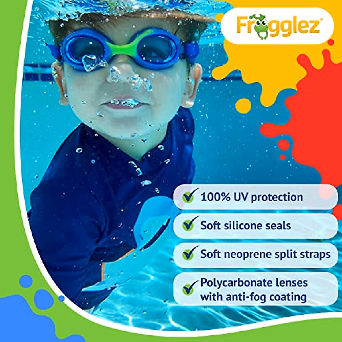 Frogglez Pain-Free Swim Goggles for Kids Under 10 (Ages 3-10), No Hair Pulling, Recommended by Olympic Swimmers