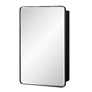 IDYLLOR Black Bathroom Mirror Medicine Cabinet with Round Corner Framed Door and Beveled Edge Mirror 15 x 25 inch, Recessed or Surface Mount, with Adjustable Glass Shelves