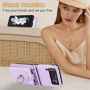 Phone flip case Premium Leather 2 in 1 Wallet Case Compatible with Samsung Galaxy Z Flip 4 5G,Magnetic Closure Purse W Rotation Ring Stand/Card Slots Holde/Lanyard Crossbody Shockproof Protective Phon