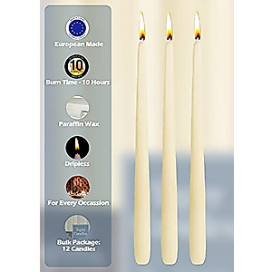 12 Pack Tall Taper Candles - 12 Inch Woolwhite Dripless, Unscented Dinner Candle - Paraffin Wax with Cotton Wicks - 10 Hour Burn Time