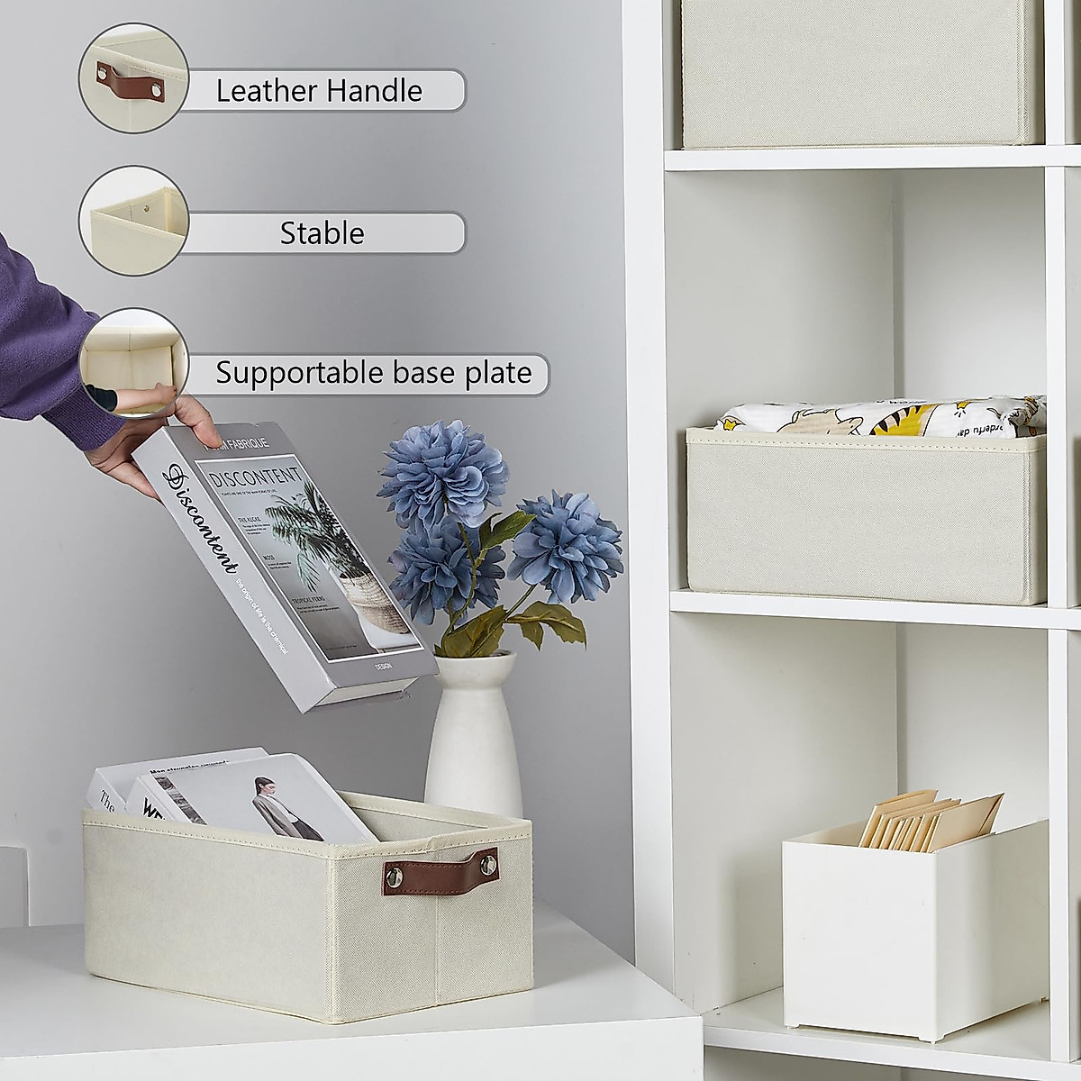 HNZIGE Fabric Small Baskets for Organizing, 6 PCS Storage Organizer Bins for Shelves, Small Bins for clothes with Handles, Shelf Closet Storage Bins for Organizer Home, Office(Cream,11.8 x 7.8 x 5.1)