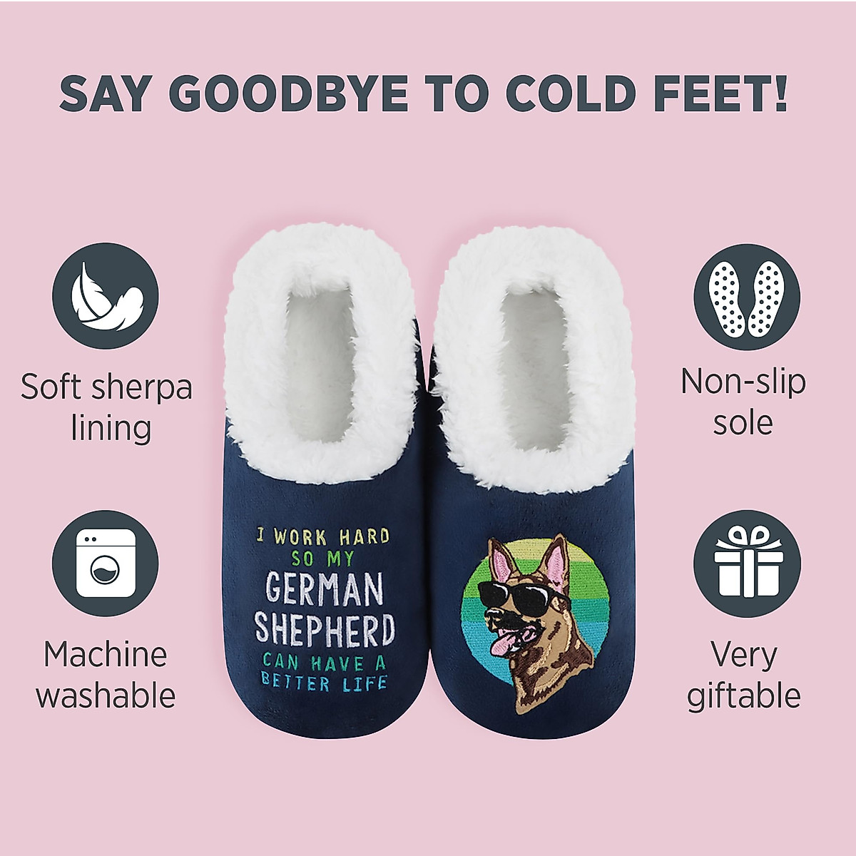 Snoozies Pairable Slipper Socks - Funny House Slippers for Women, Non-Slip Fuzzy Slipper Socks - German Shephard - Large