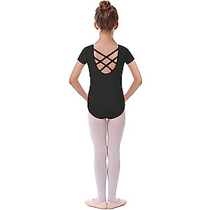 MdnMd Leotards for Girls Kids Dance Ballet Gymnastic Outfit Short Sleeve with Cross Back Detail (Black, Age 6-7)