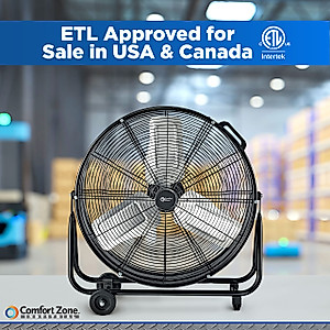 Comfort Zone CZMC24 24" 2-Speed High-Velocity Industrial Drum Fan with Aluminum Blades, 180-Degree Adjustable Tilt and Built-In Rubber Wheels
