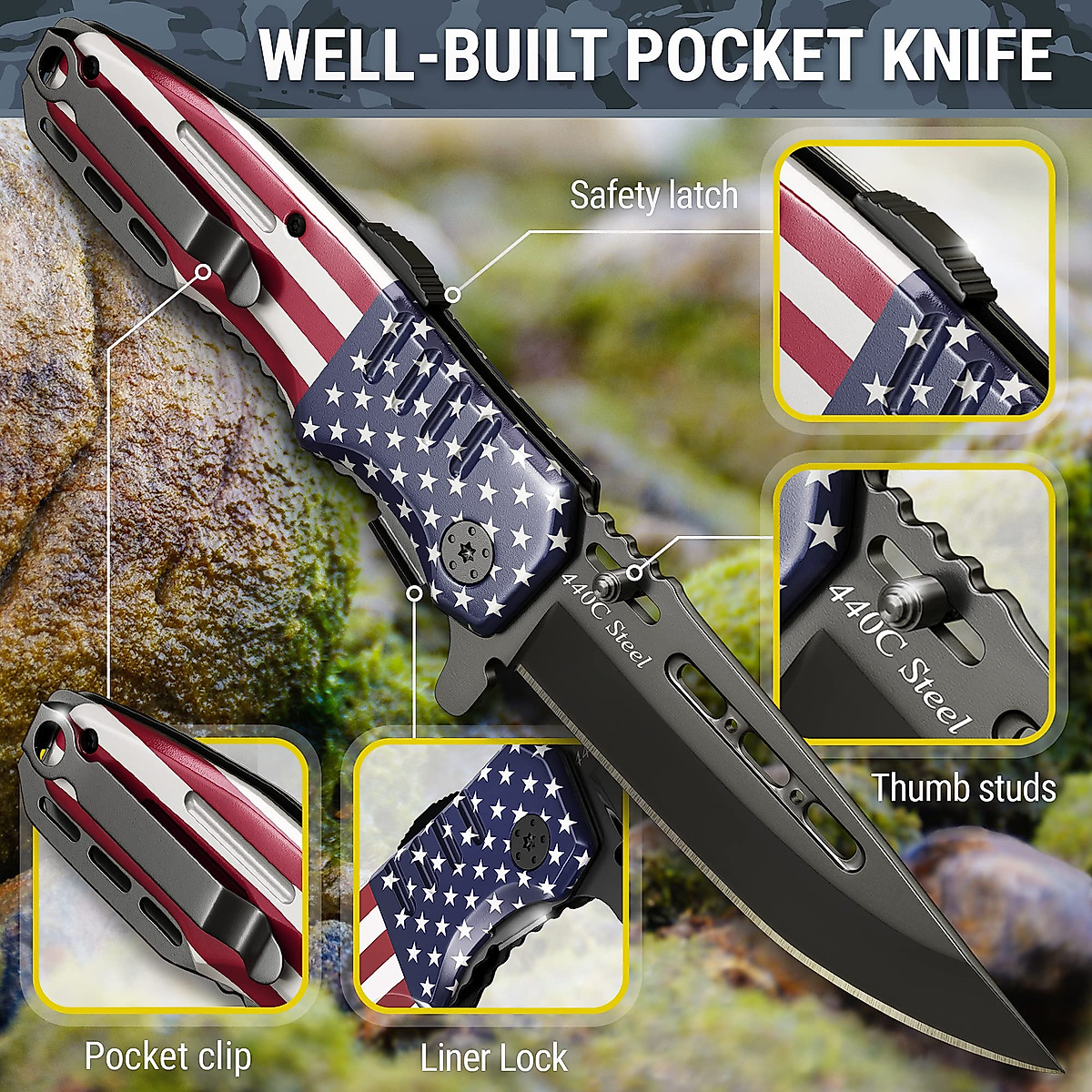 Bundle of 2 Items - Pocket Folding Knife - Military Style - Pocket Knife - Tactical Knife - Camping Hunting Knofe - Gray EDC Knife with Pocket Clip - Gift for Men - Stocking Stuffers