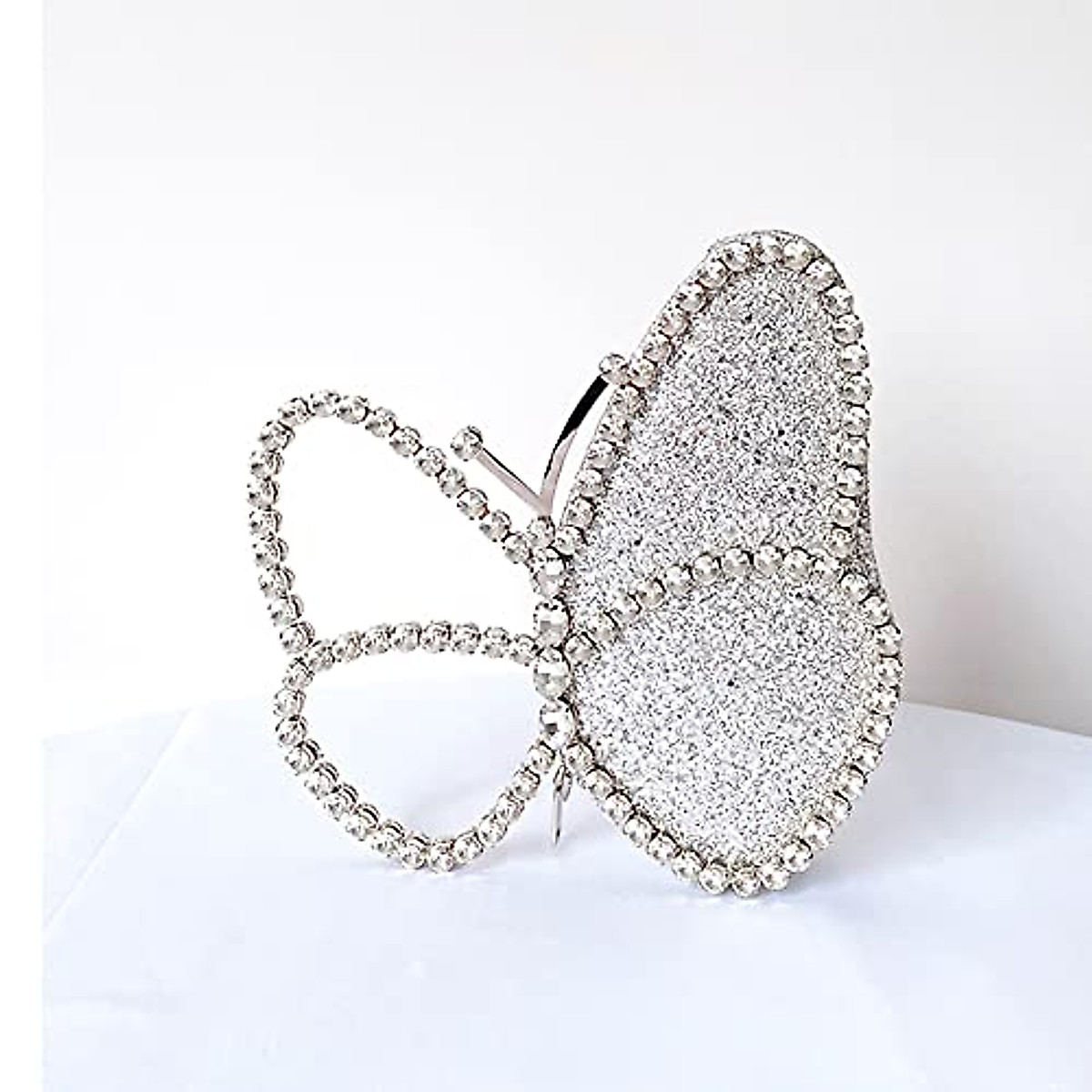 Rejolly Butterfly Clutch Purse for Women Evening Bag PU Leather Glitter Sparkly Crystal Rhinestone Bling Handbag with Chain Strap for Prom Cocktail Party Wedding Silver Glitter