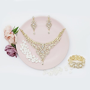 Oriamour Gold Prom Jewelry Wedding Jewelry Set Bridal Necklace Rhinestone Earrings Bracelets (Gold)