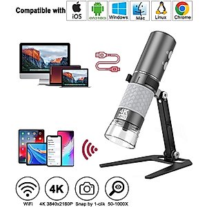 Jiusion WiFi USB Digital Handheld Microscope, 50 to 1000x Wireless Magnification Endoscope 4K 3840x2160P Camera 8 LEDs with Metal Stand for iPhone iPad Android Mac Windows Linux Chrome