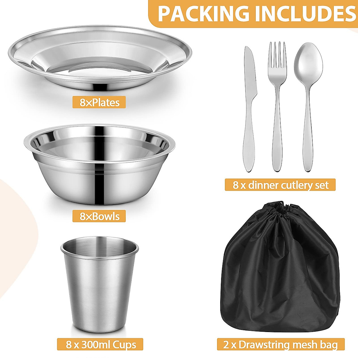 50 Pcs Camping Mess Kit, Polished Stainless Steel Dishes Set, Portable Dinnerware Utensils Tableware with Cups, Plates, Bowls, Mesh Bag for Backpacking Hiking Camping Travel Picnic, 8 Person Set