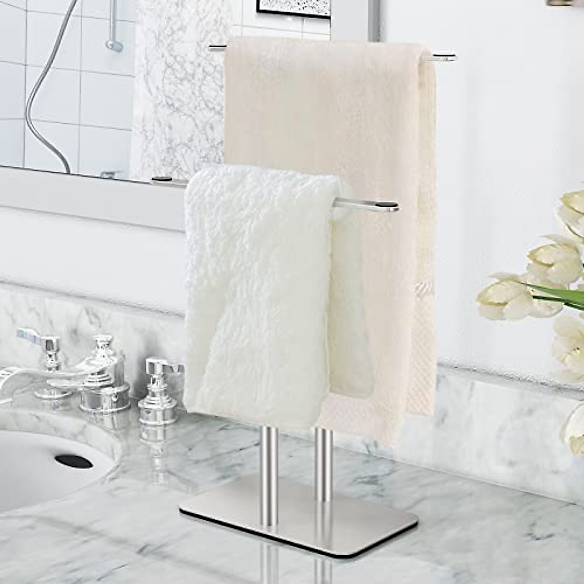 Towel Rack,Hand Towel Holder for Bathroom,Kitchen Hand Towel Rack for Countertop Vanity,Double-T Hand Towel Stand with Base,Metal Towel Stand,Brushed Nickel