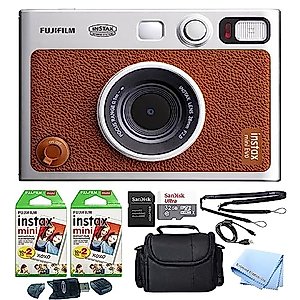 Fujifilm Mini EVO Hybrid Camera (Brown) Instant Film Camera Bundle with 40 Instant Film Sheets + 32GB microSD Memory Card + Small Padded Case + SD Card Reader + Extreme Electronics Cloth