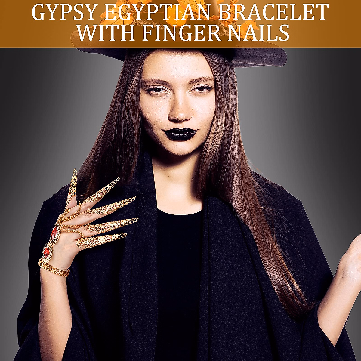 Maitys 2 Pcs Gold Bracelets Inlaid with Acrylic Women Belly Dance Gypsy Egyptian Bracelet with Finger Nails Halloween Costume (Ruby)