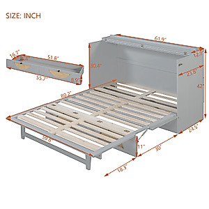 XD Designs Queen Size Murphy Bed with Large Storage Drawer and Charging Station, Versatile Traditional Solid Wood Murphy Bed Chest Cube Cabinet Bed, Convertible Space-Saving Design (Gray-TYX, Queen)