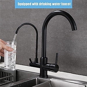 HUAHUALALA Brushed Nickel Kitchen Faucets,Kitchen Sink Faucet with 2 Handle 3 in 1 Water Filter Purifier Drinking Water Faucets, Brass Drinking Water Faucet,Cold and Hot Mixer Tap… (Matte Black)