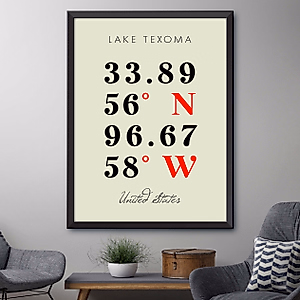 Map of Lake Texoma, United States, Multiline Coordinates Colored (8x10)