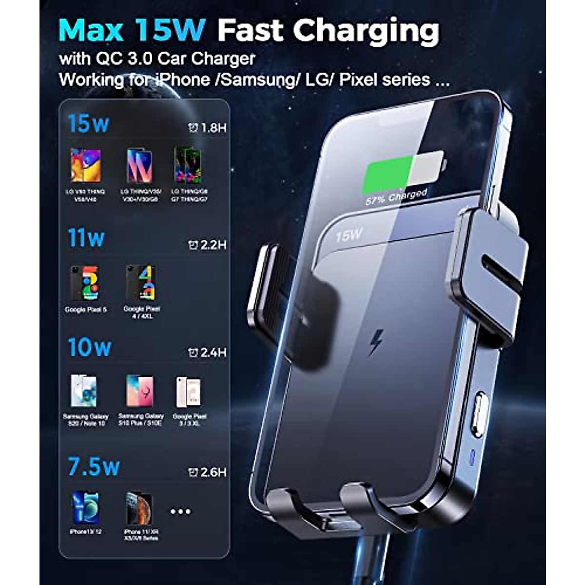 Wireless Car Charger, Cup Holder Wireless Charger, Tollefe 15W Qi Fast Charging Phone Holder, Auto Clamping Height Adjustable Non-Shaking Phone Mount for iPhone 14 13 12 Pro Max X XR, Samsung S22 S21