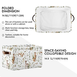 xigua Woodland Animals Storage Basket Foldable Storage Bin 2 Pack, Canvas Rectangular Storage Basket with Leather Handles for Home Closet & Office Decoration