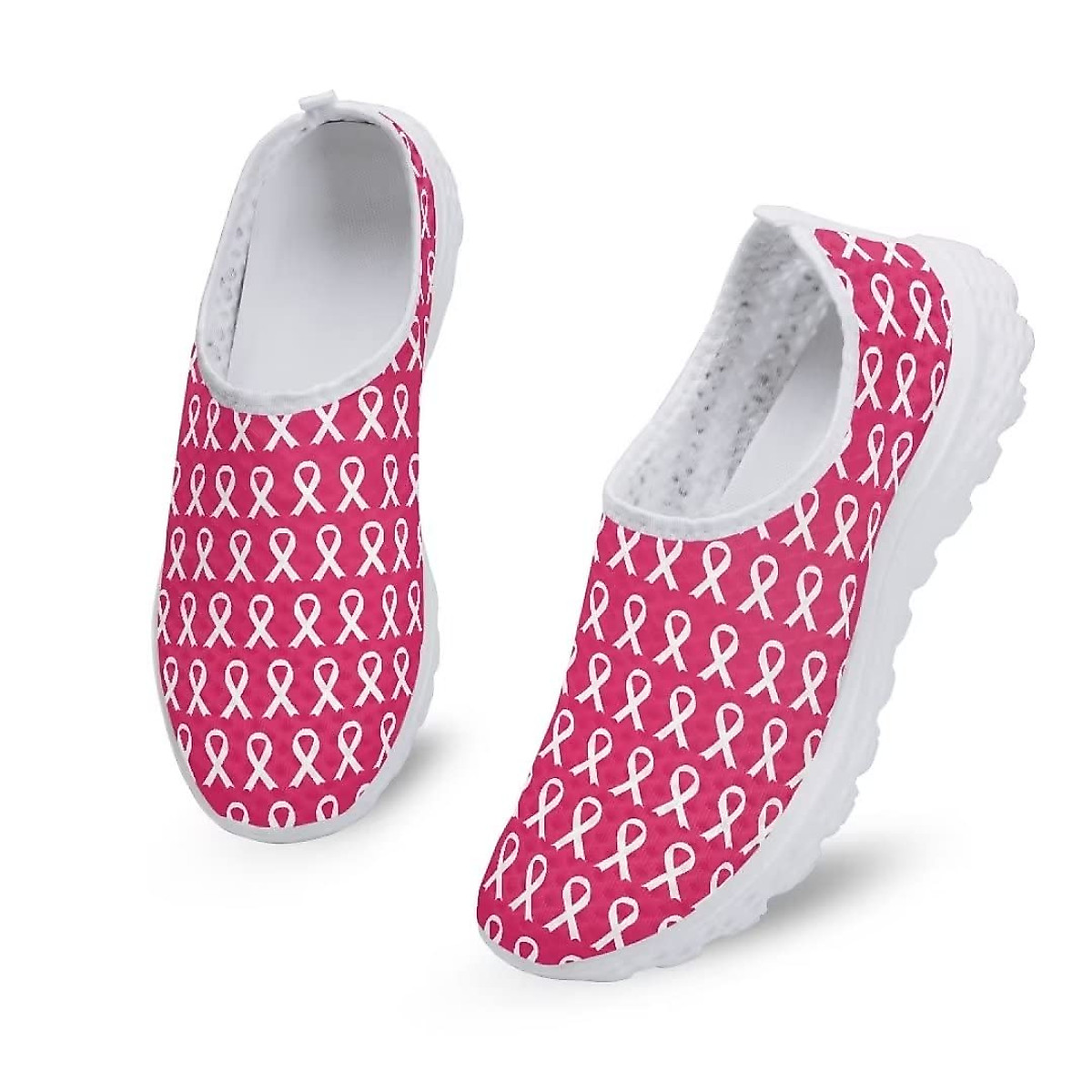 Poetesant Breast Cancer Awareness Water Shoes Women Pink Ribbon Flat Mesh Shoes Ribbons Slip On Walking Shoes Casual Pink Road Running Shoes 39EU