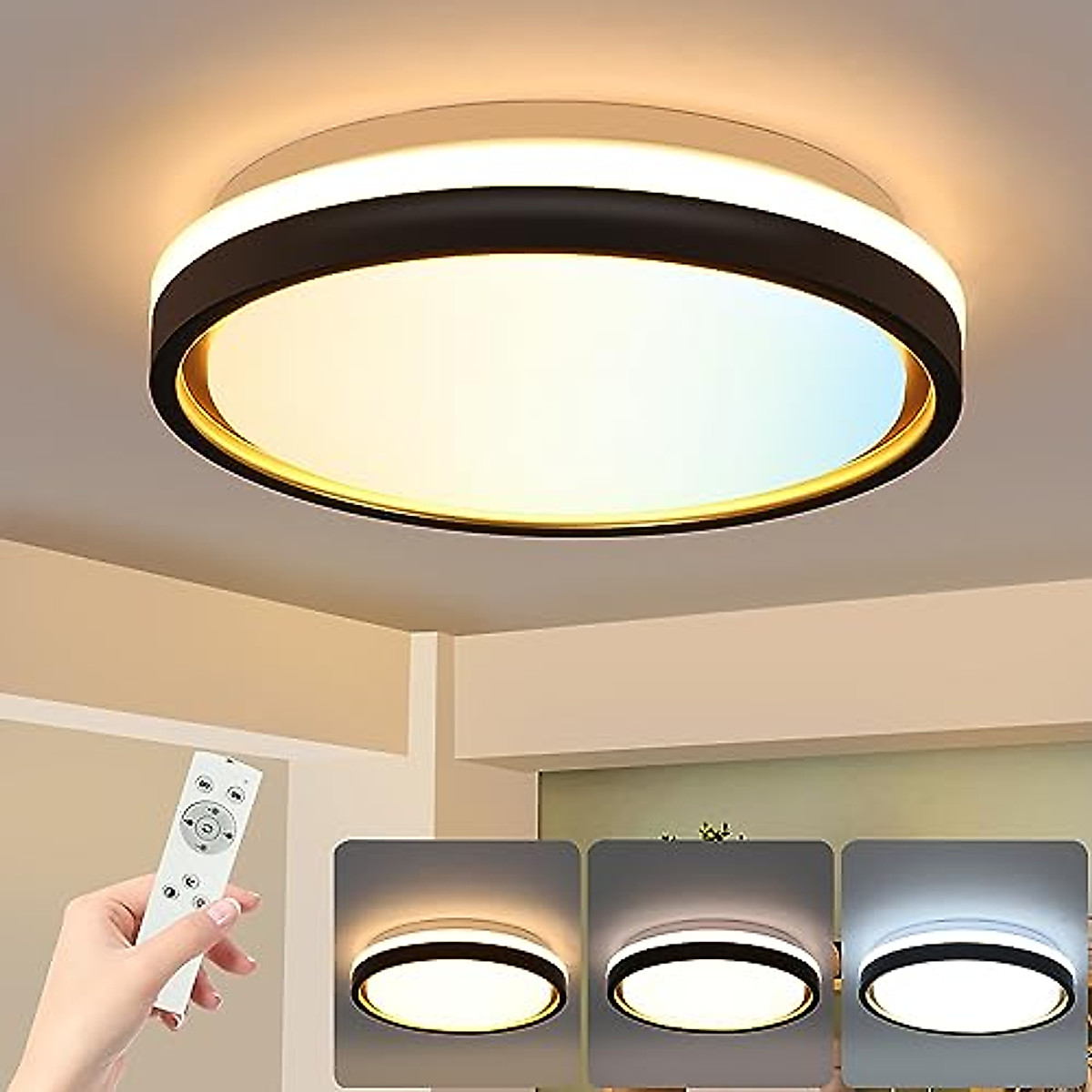 Hurrah LED Ceiling Light Fixture with Remote Control - 17W Flush Mount Dimmable Ceiling Lamp Black Round 2700K-6500K 11.8in Close to Ceiling Lighting for Bedroom Living Room Hallway Kitchen