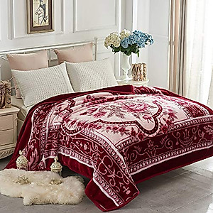 JYK Heavy Korean Mink Fleece Blanket, 5 LB - 2 Ply Reversible 520GSM Silky Soft Plush Warm Blanket for Autumn Winter (Queen, Flower/Burgundy)