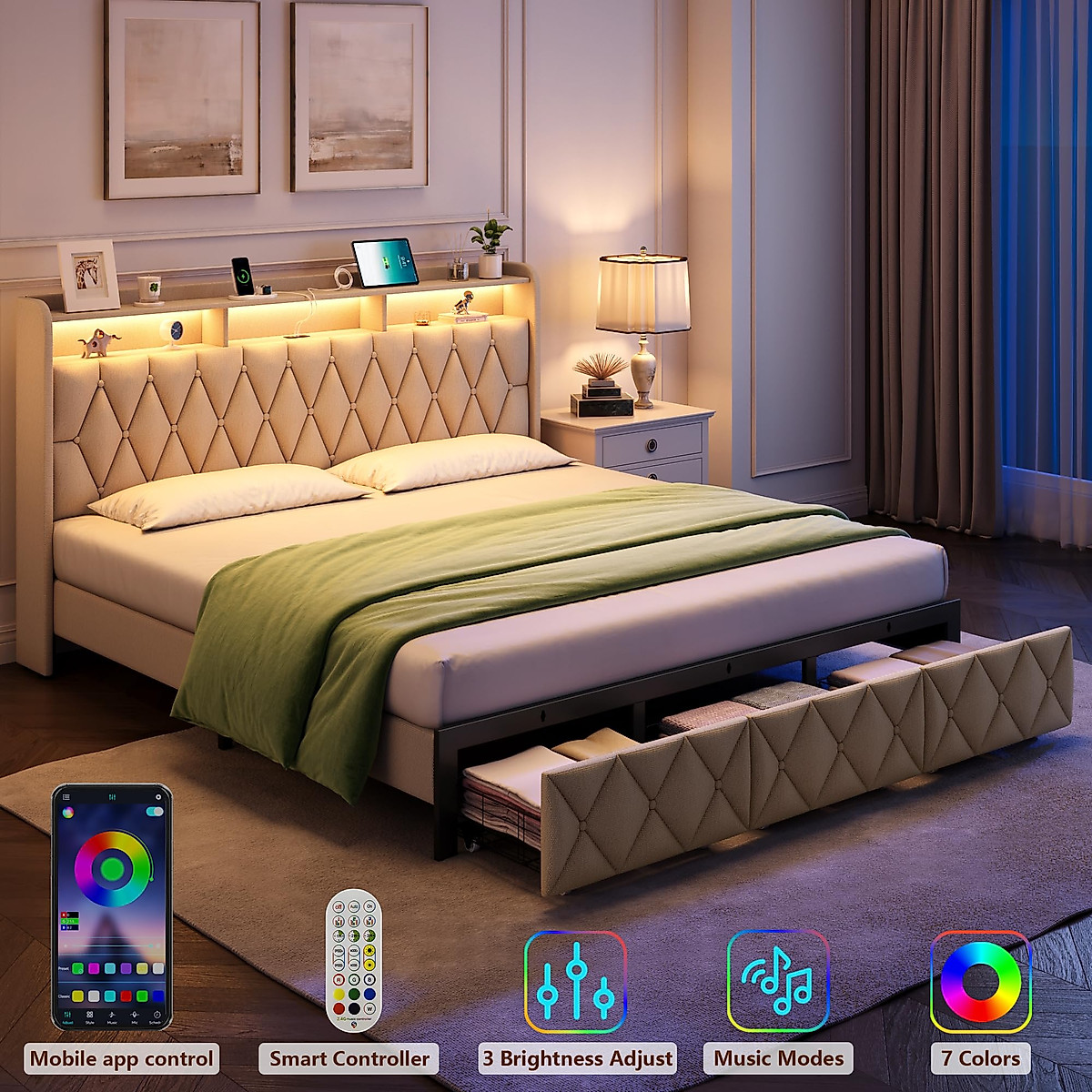 MEIJUJIA King Size Bed Frame with 3 Storage Drawers, Upholstered King Bed Frame with LED Lights Headboard and Charging Station, No Box Spring Needed, Easy Assembly -Beige