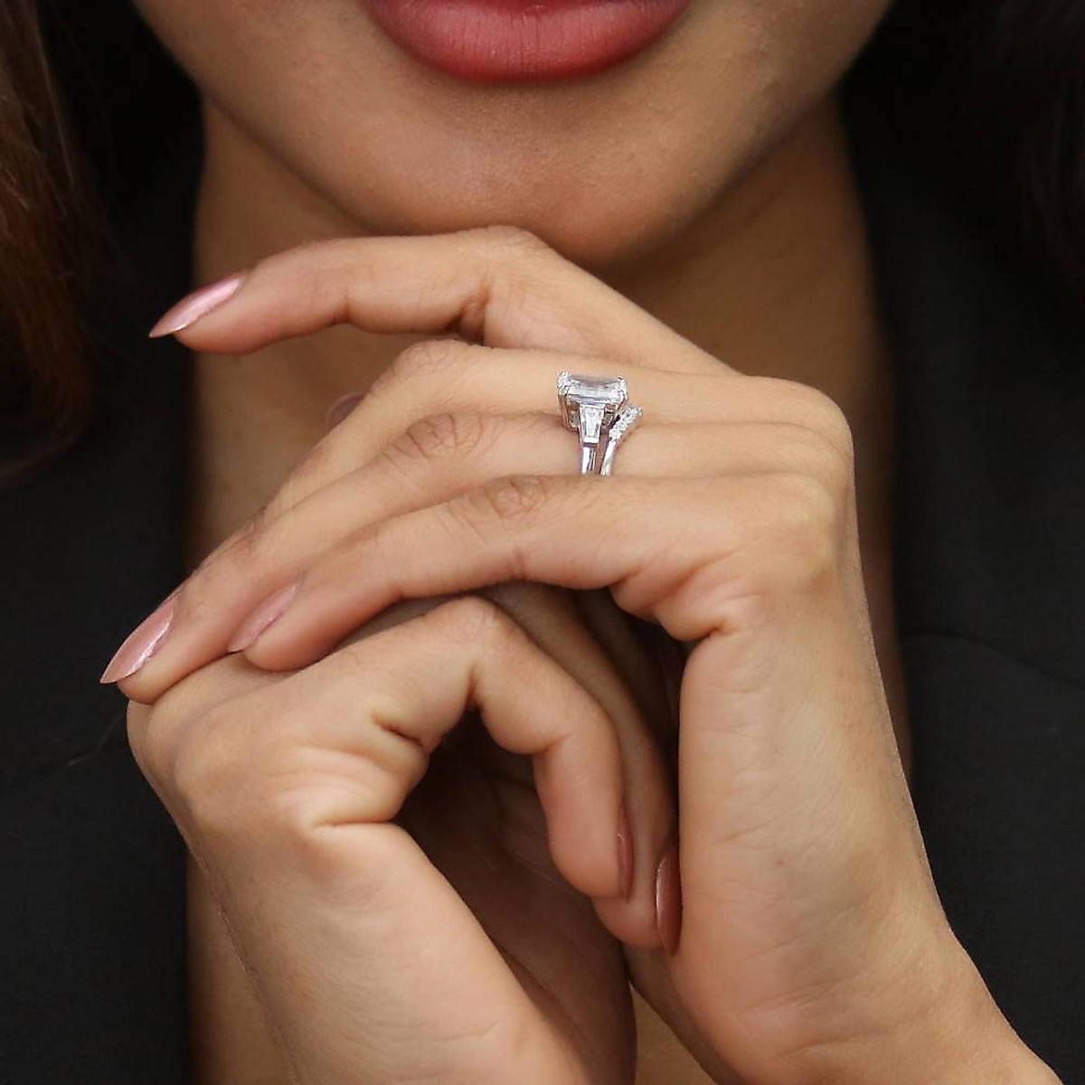 BERRICLE Sterling Silver 3-Stone Wedding Engagement Rings Emerald Cut Cubic Zirconia CZ 7-Stone Ring Set for Women, Rhodium Plated Size 10