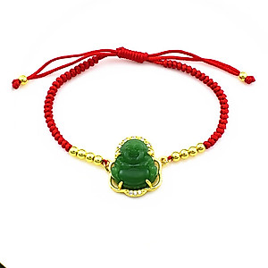 COLORFUL BLING Lucky Laughing Buddha Charm Pendant Charm Bracelet Jade Natural Stone Red Braid String Thread Rope Crystal CZ Zirconia for Women Men Gemstone Amulet Protection Jewelry-Green