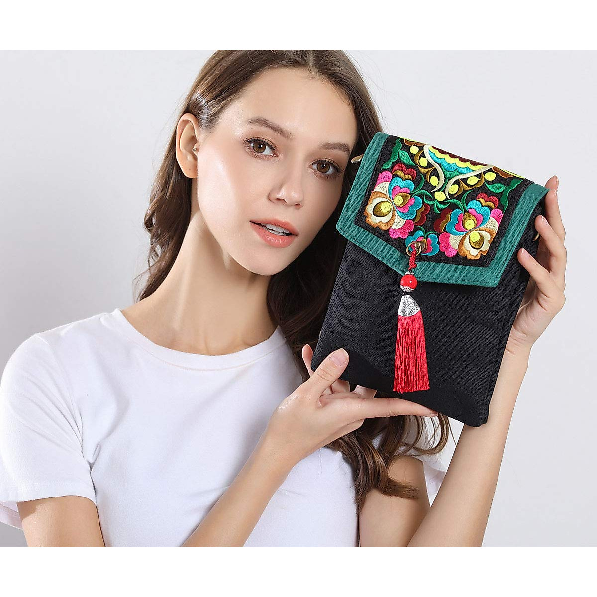 Embroidered Tassels Canvas Crossbody Bag, Cute Shoulder Bag Cellphone Pouch Purse (A02: Vertical-Tassel-Green)