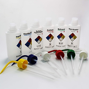 ULAB Scientific Right-to-Know Safety Wash Bottle Set, Acetone, Ethyl Alcohol, Methanol, Isopropanol, Distilled Water, Sodium Hypochloride, Vol.500ml with Draw Tube, UWB1001
