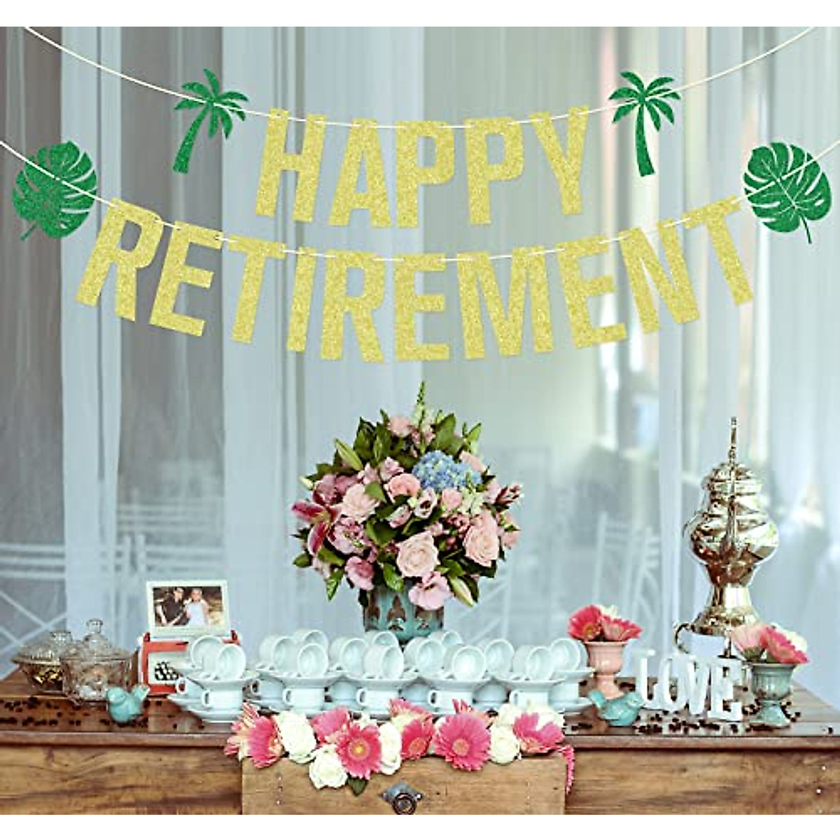 Happy Retirement Banner Gold Glitter - Retirement Party Decorations Palm leaves Decor, Farewell Party Cake Decor, Tropical Retirement Decor, Happy Retirement Party Decorations