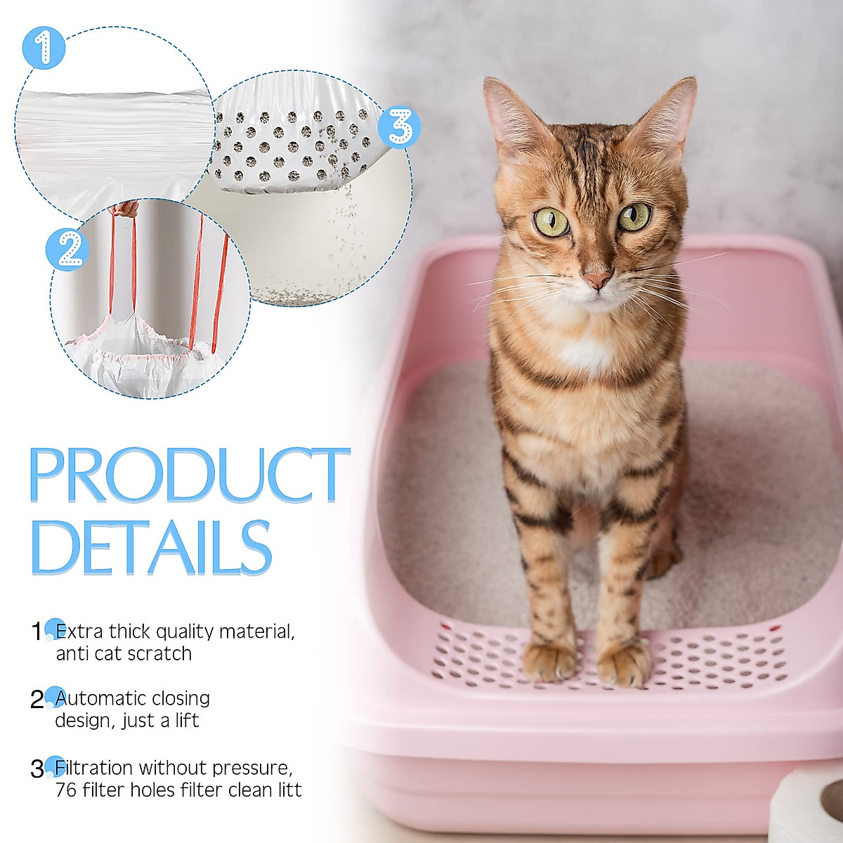 56 Count 31 x 18 Inch Sifting Cat Litter Bags Large Thick Cat Litter Box Liners with Holes Portable Thick Cat Litter Bags Drawstring Litter Box Liners for Pets Cats Litter Box Supplies