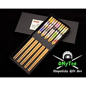 OMyTea Chopsticks Reusable - Japanese Bamboo Chopsticks 5 Pairs Gift Sets, 8.9 Inch/22.5cm, for Sushi, Ramen, Noodles, Rice, Camping, Travel (Geisha Girl)