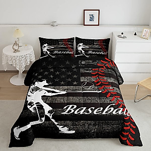 Erosebridal Boys Baseball Comforter Set Vintage American Flag Bedding Full Size for Adult Girls Kids Ball Games Sports Theme Duvet Set Retro USA Flag Print Quilts Grunge Stripes Star Decor Bedding