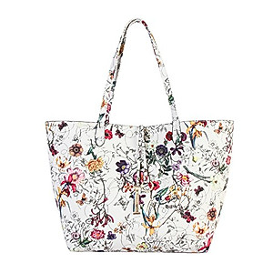 DIOPHY PU Leather Colorful Floral Pattern Two Tone Reversible Large Tote Womens Purse Handbag with Matching Crossbody Bag 2 Pieces Set FL-6000 FL-6001 (White exterior-Red interior)